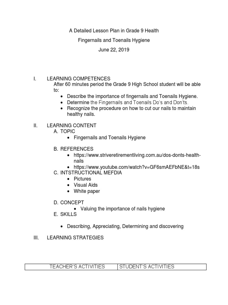 A Detailed Lesson Plan in Grade 9 Health | PDF | Nail (Anatomy) | Foot