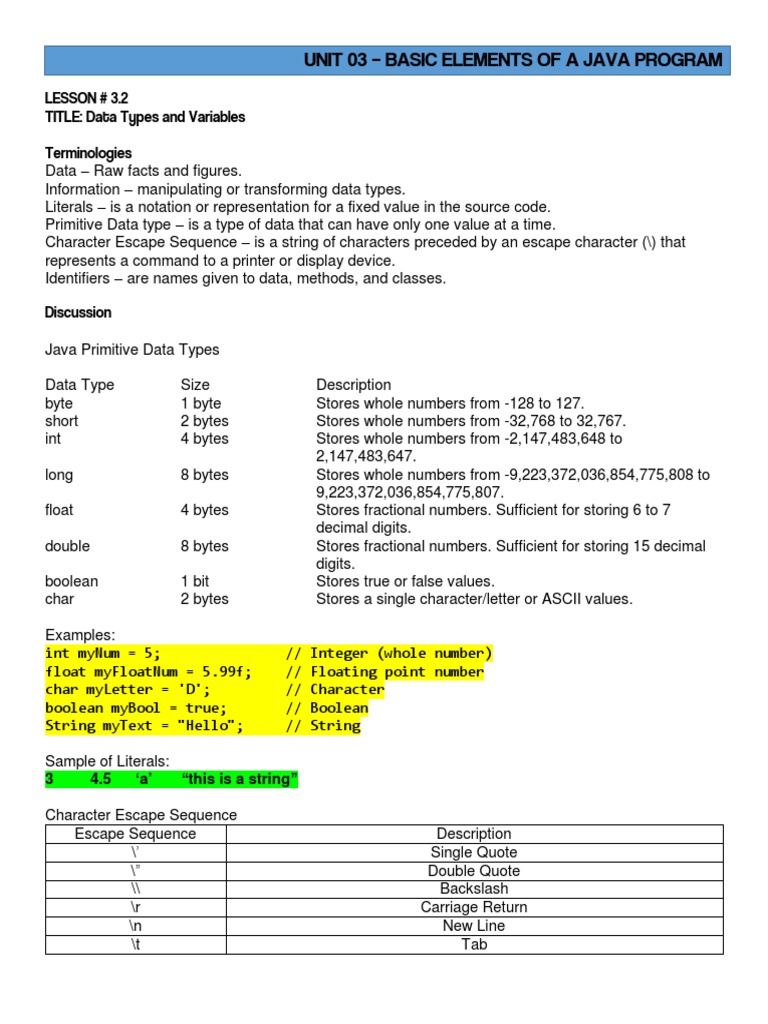Unit 03 - Data Types and Variables | PDF | Data Type | Encodings