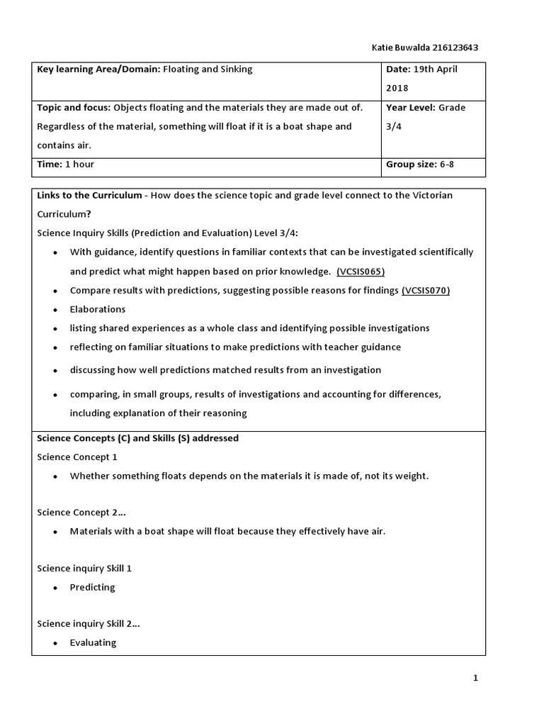 Lesson Plan Assignment 2 Floating And Sinking Pdf Science 7185
