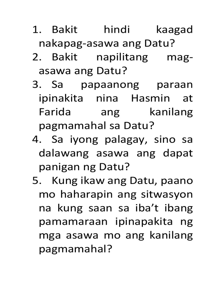 Mga Katanungan (Nakalbo Ang Datu) | PDF
