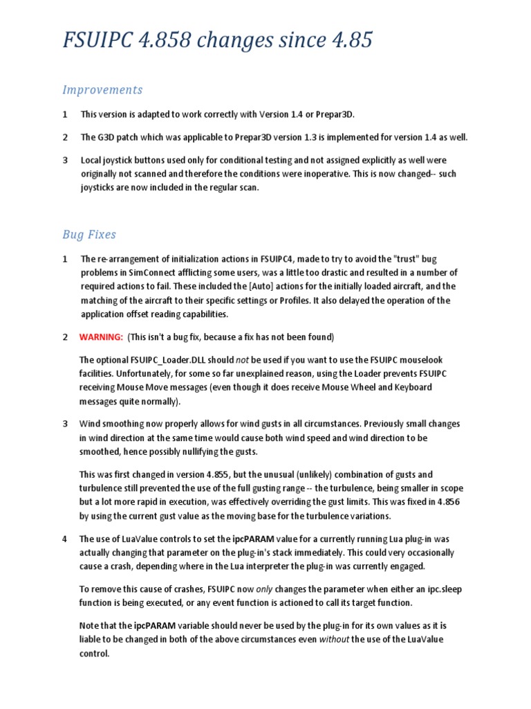 FSUIPC 4.858 Changes Since 4.85: Improvements | PDF | Software Bug | Subroutine