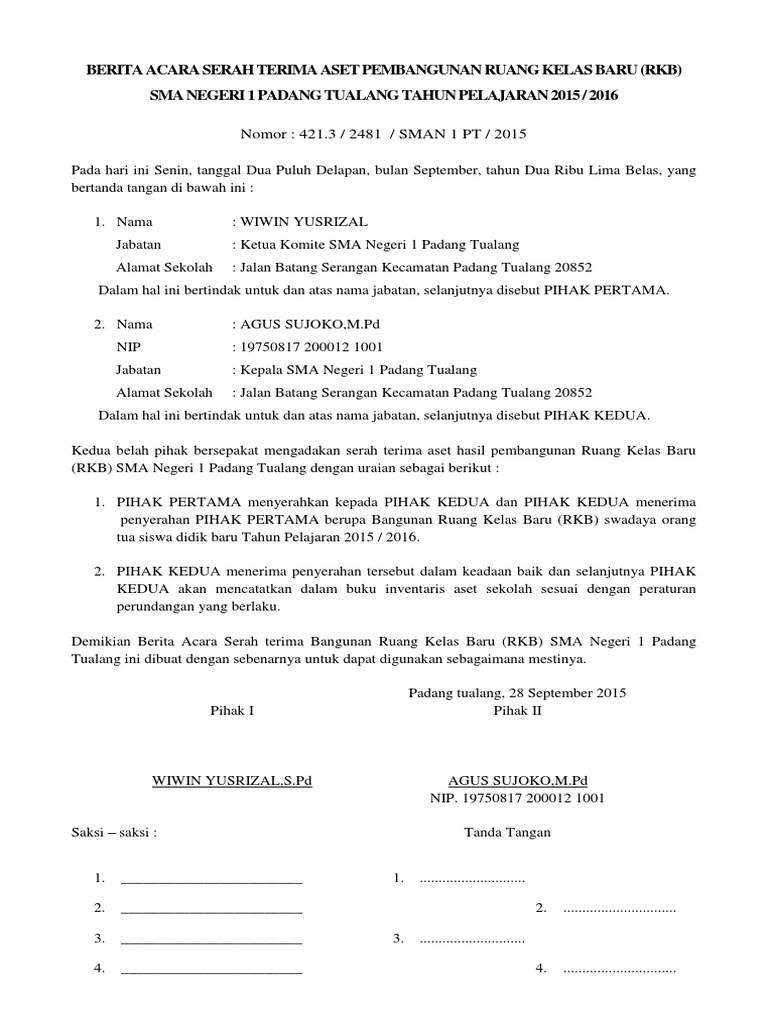 Berita Acara Serah Terima Aset Pembangunan Ruang Kelas Baru | PDF
