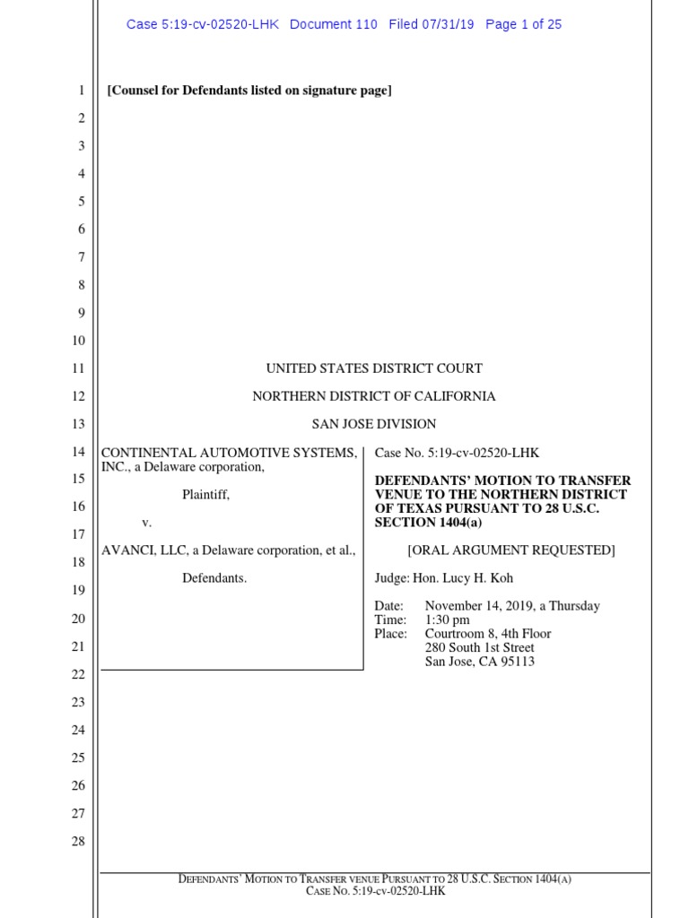 19-07-31 Avanci Et Al. Motion To Transfer Continental Case To N.D. Tex ...