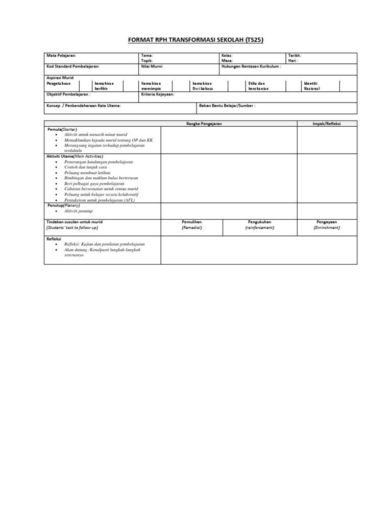 Format RPH Transformasi Sekolah (Kosong) Ts25 | PDF