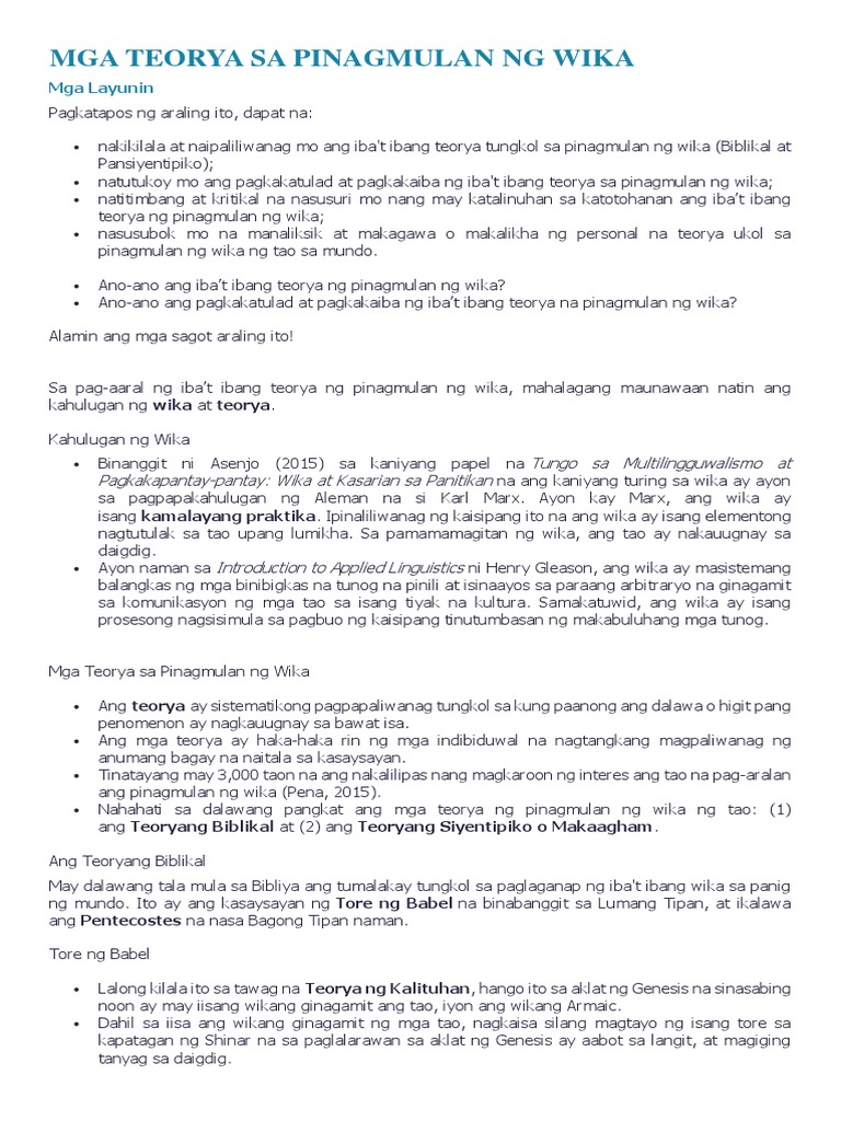 Mga Teorya Sa Pinagmulan NG Wika | PDF