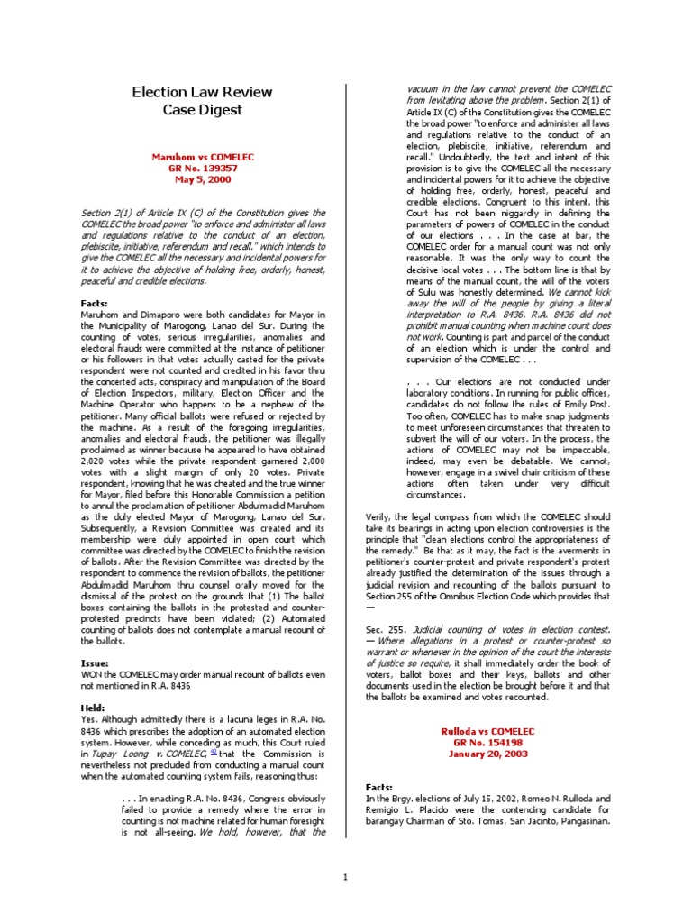 Election Case Digests Complete | PDF | Commission On Elections ...