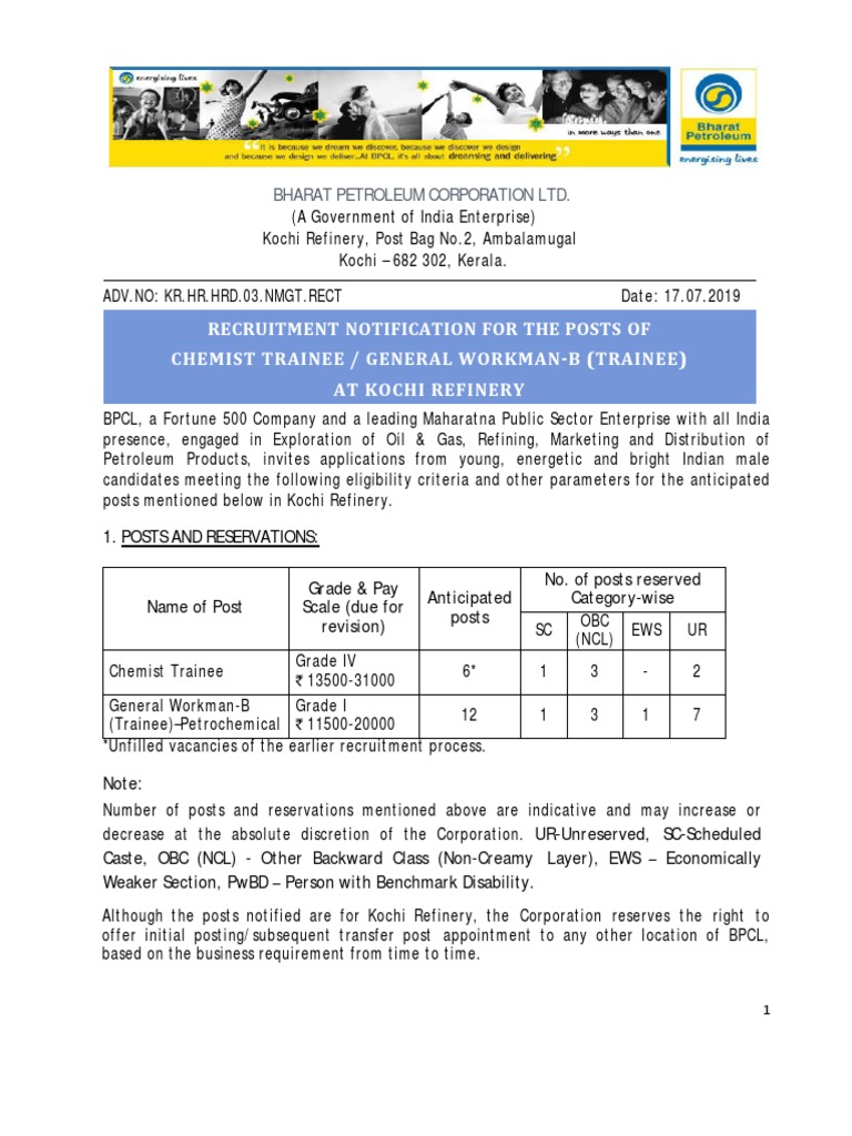 BPCL Kochi Refinery Recruitment 2019 | PDF | Apprenticeship | Diploma