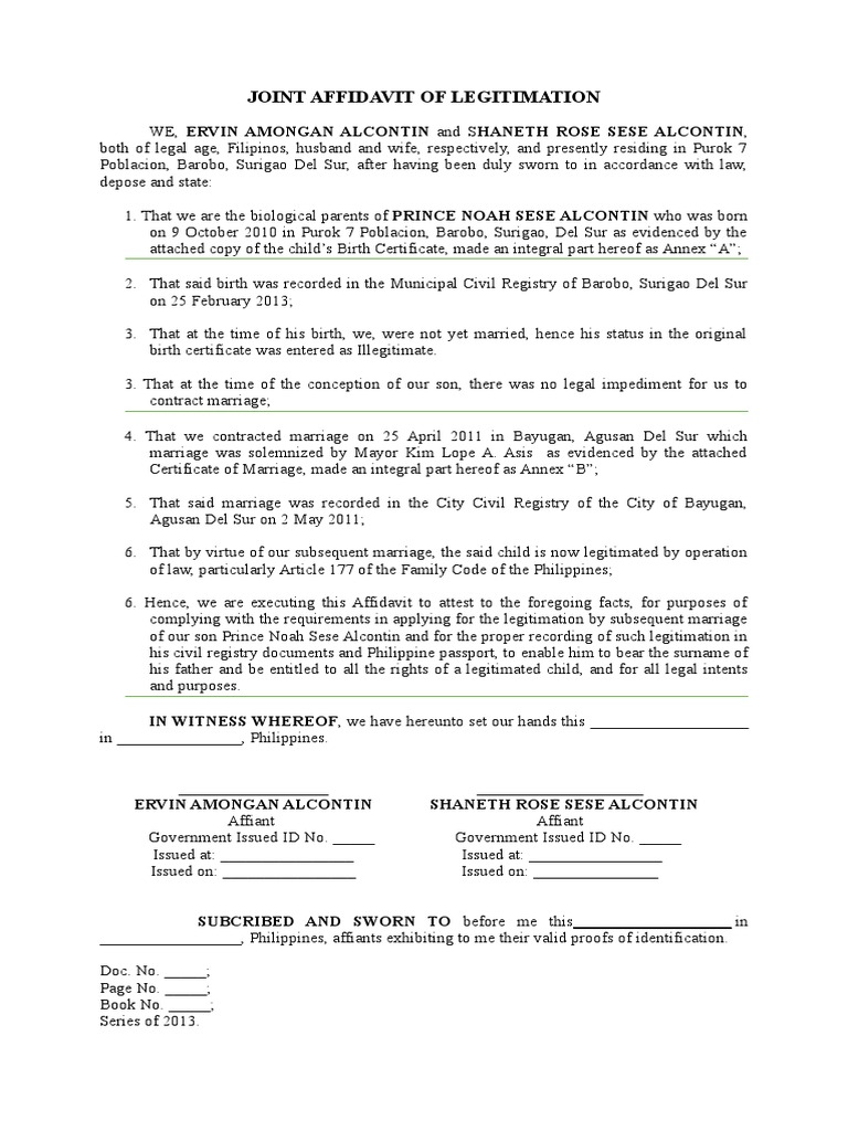 Affidavit of Legitimation | PDF | Affidavit | Birth Certificate