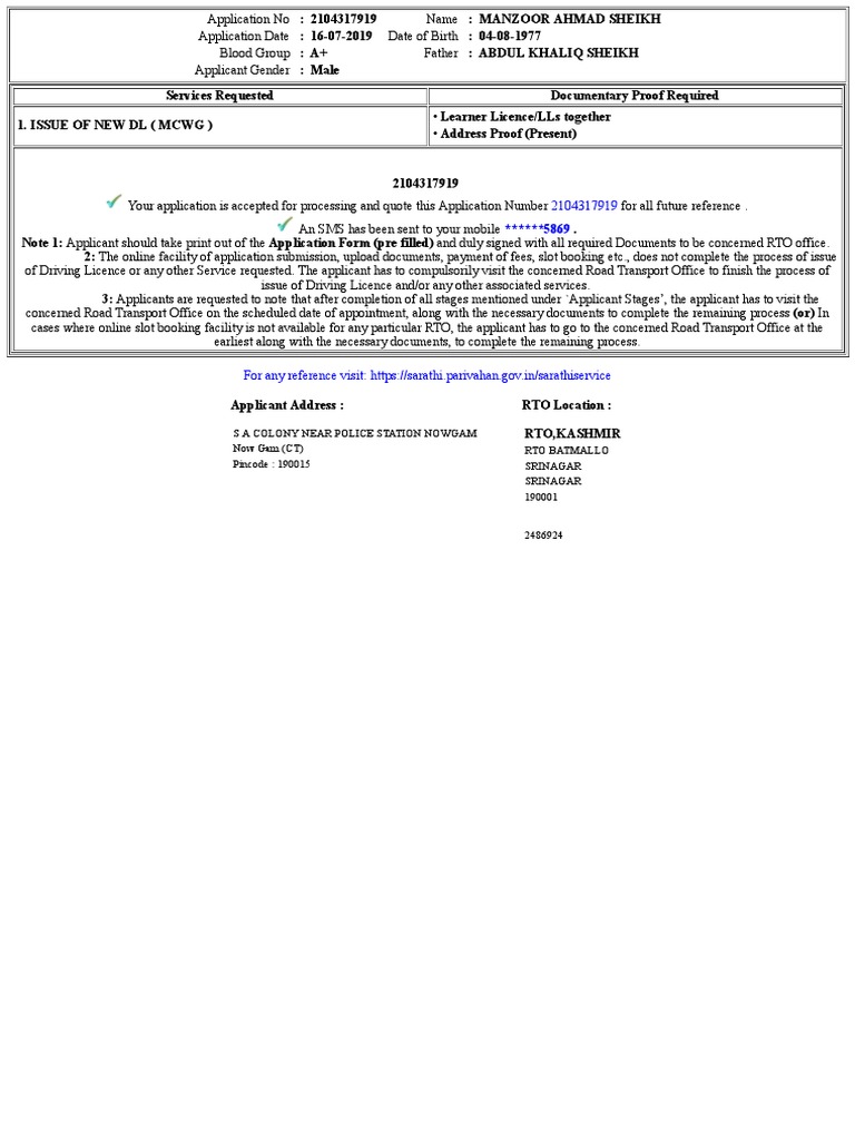 Application Number | PDF | Driver's License | Transport