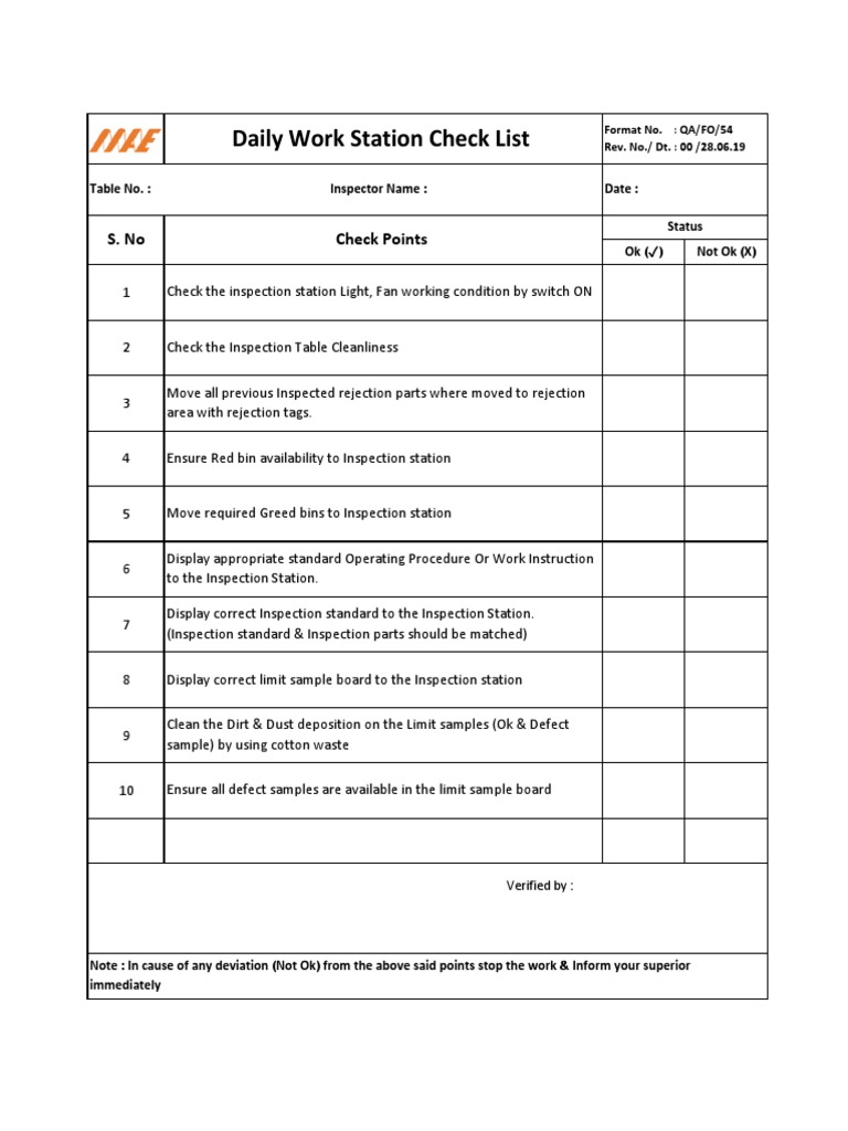 Daily Quality Inspection Station Checklist | PDF