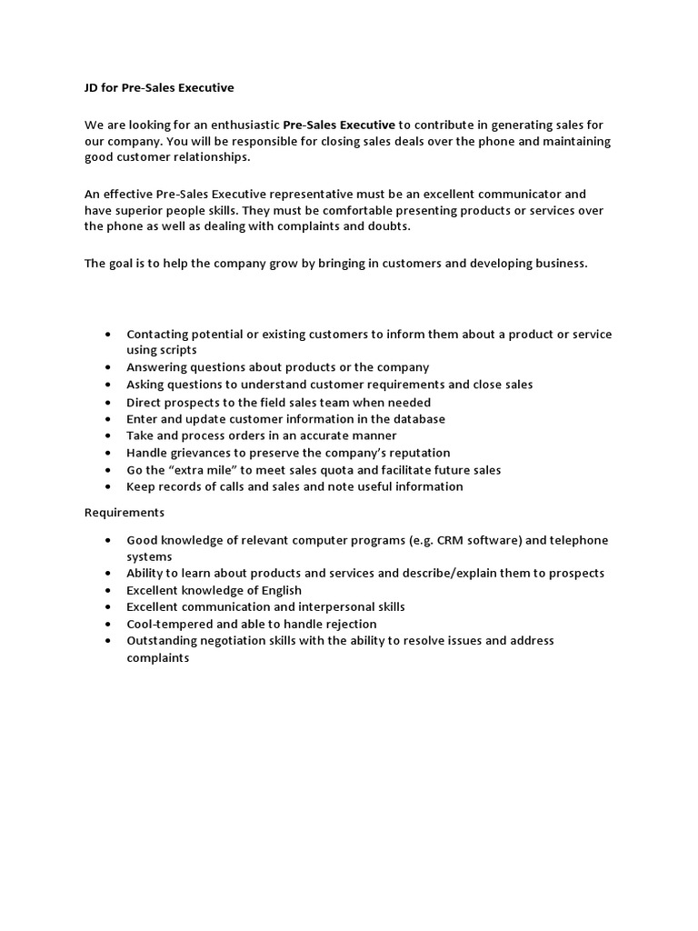 Pre-Sales Executive Job Description | PDF | Business