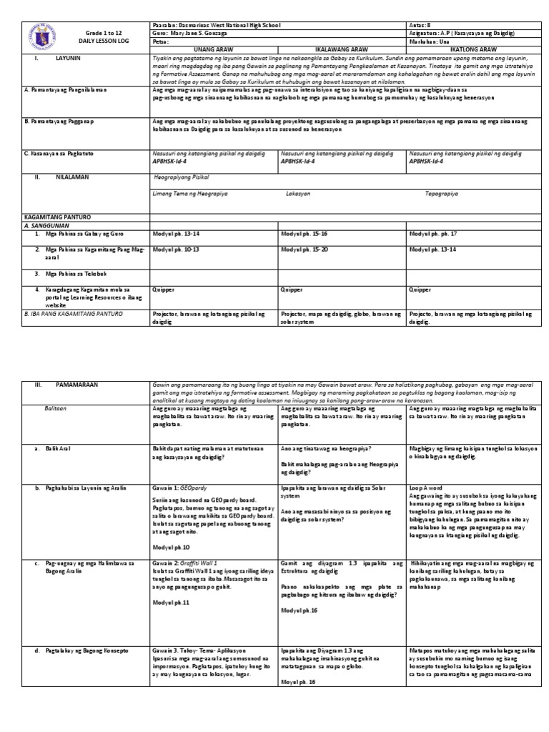 DLL1 Grade 8 AP First Quarter | PDF