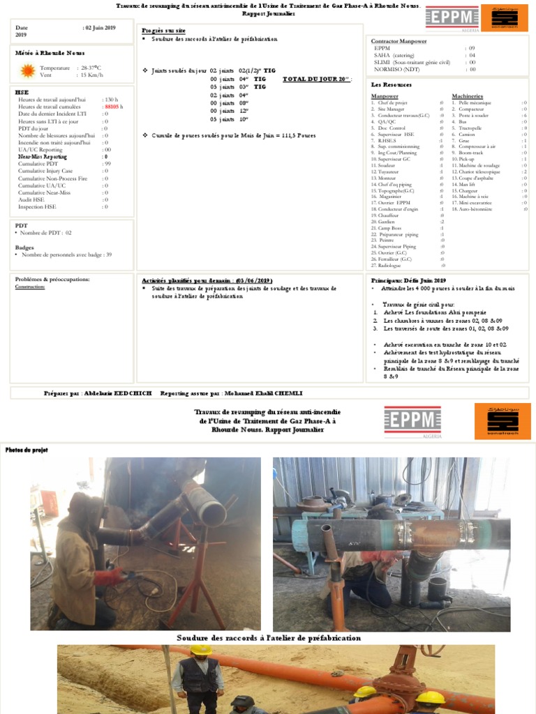 Rapport Journalier 02-06-2019 | PDF | Soudage | Construction
