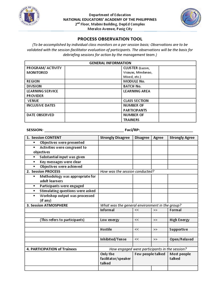 Process Observation Tool (Standard) | PDF | Learning | Cognitive Science