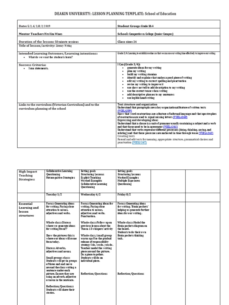 50-Minute Literacy Lesson Plan for Grades 3/4 | PDF | Adjective | Verb
