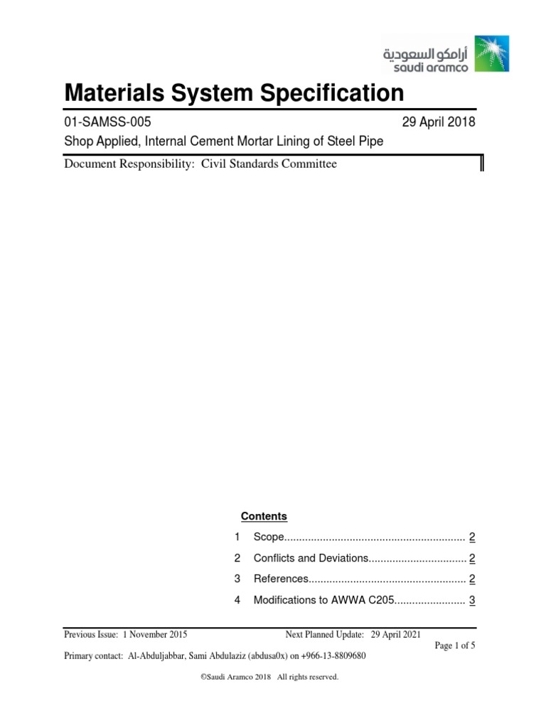 01-SAMSS-005 - Shop Applied, Internal Cement Mortar Lining of Steel ...