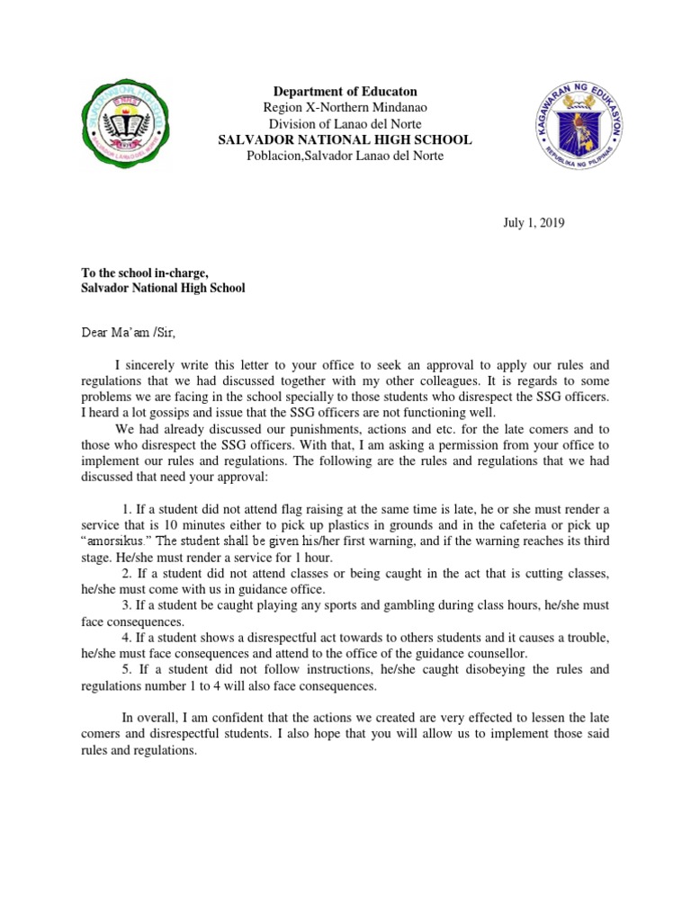 Department of Educaton: To The School In-Charge, Salvador National High ...