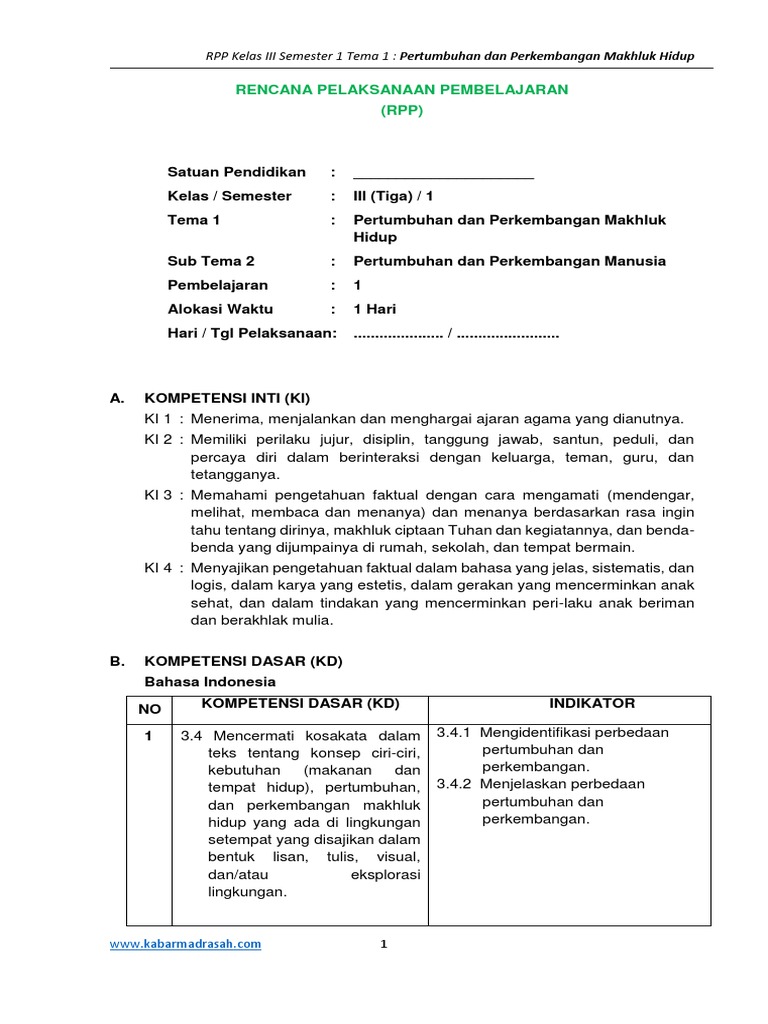 RPP Kls 3 Tema 1 Subtema 2 Rev 2018 | PDF | Sains & Matematika