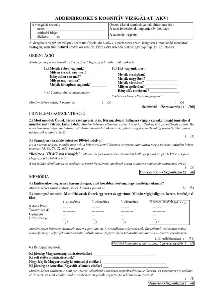 Addenbrooke's Cognitive Examination (AKV) | PDF