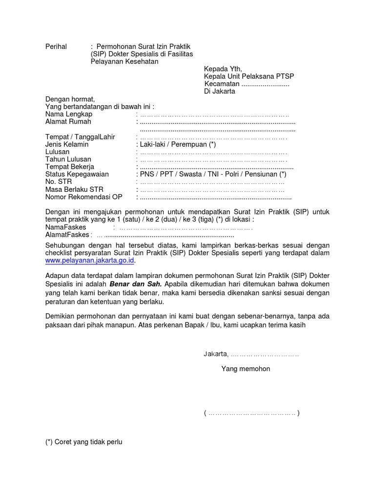 Formulir Permohonan SIP DOkter GIGI PTSP DKI JAKARTA | PDF