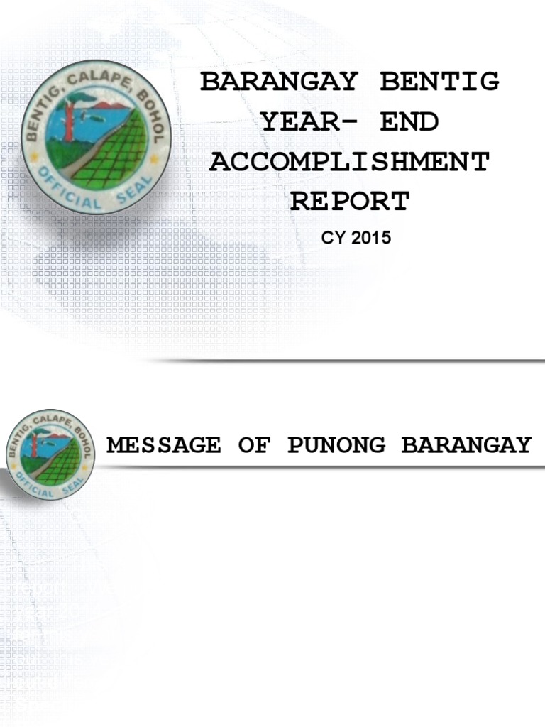 Barangay Bentig Year-End Accomplishment: Capt. Leonor N. Samijon | PDF ...