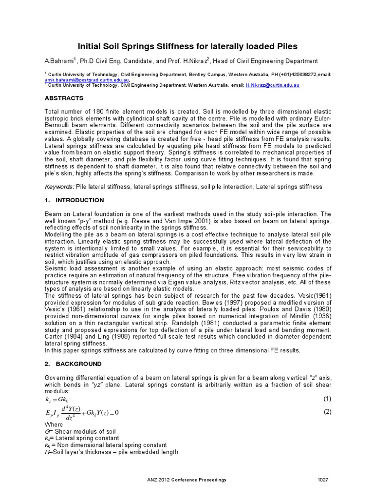 Initial Soil Springs Stiffness For Laterally Loaded Piles: Abstracts ...