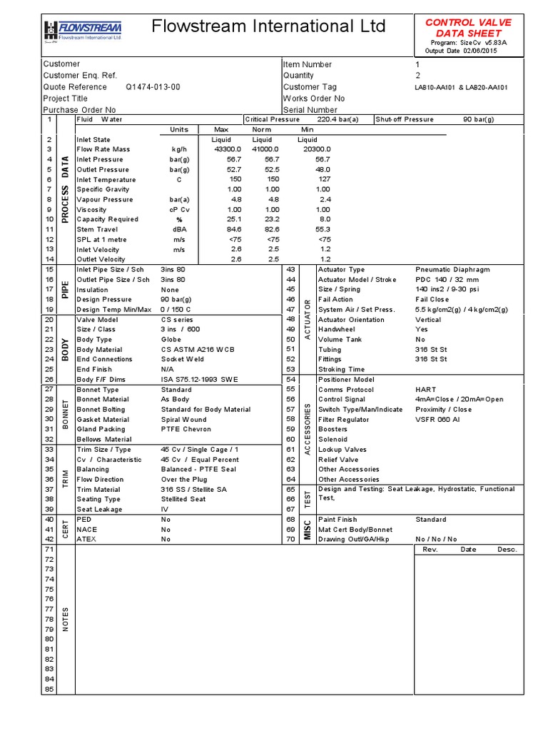 Control Valve Data Sheet | PDF | Valve | Actuator