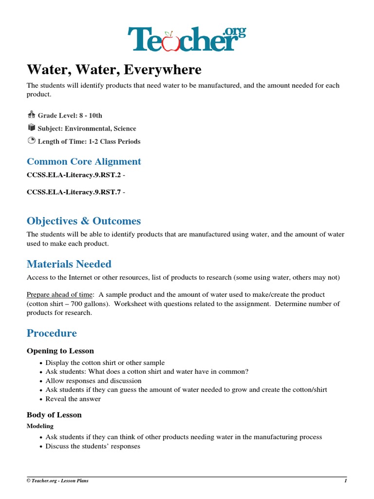 Lesson Plan Water Water Everywhere | PDF | Lesson Plan | Water
