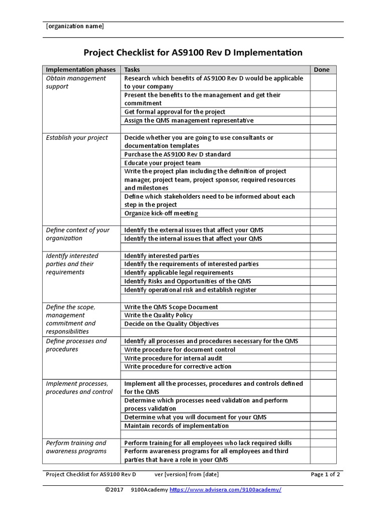 Project Checklist For AS9100 Implementation EN | PDF | Quality Management System | Audit