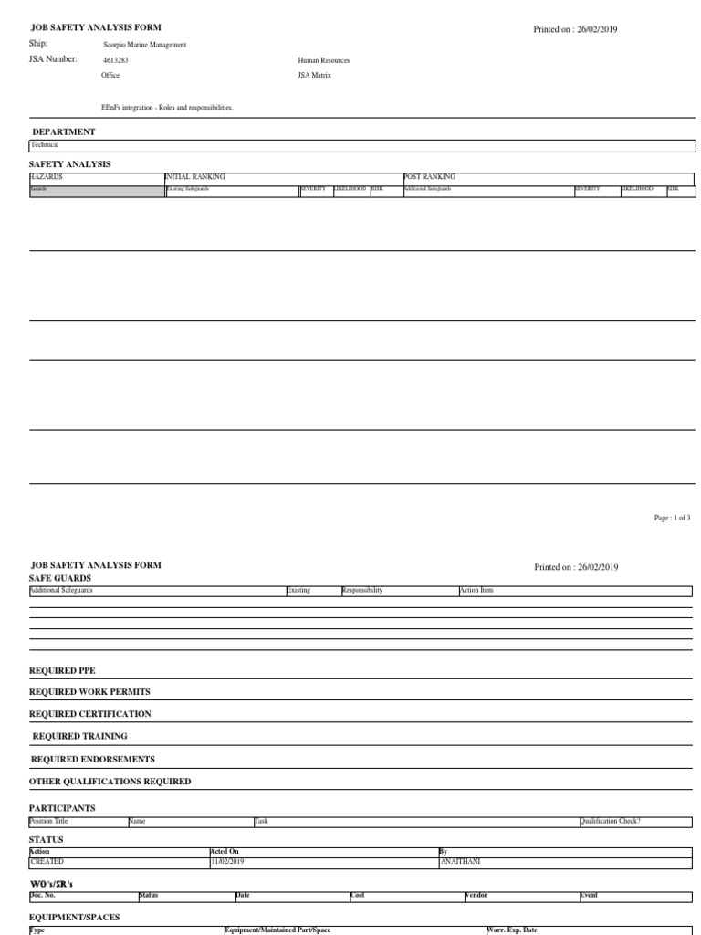 Printed On: 26/02/2019 Ship: JSA Number:: Job Safety Analysis Form ...