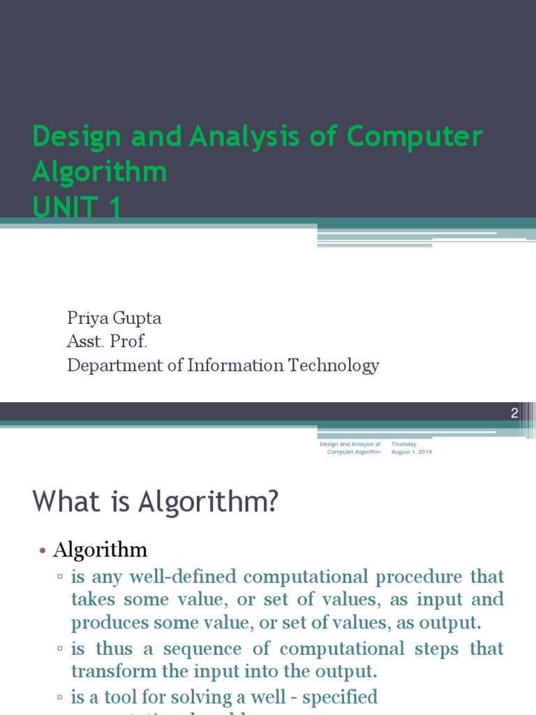 Design and Analysis of Computer Algorithm Unit 1: Priya Gupta Asst ...