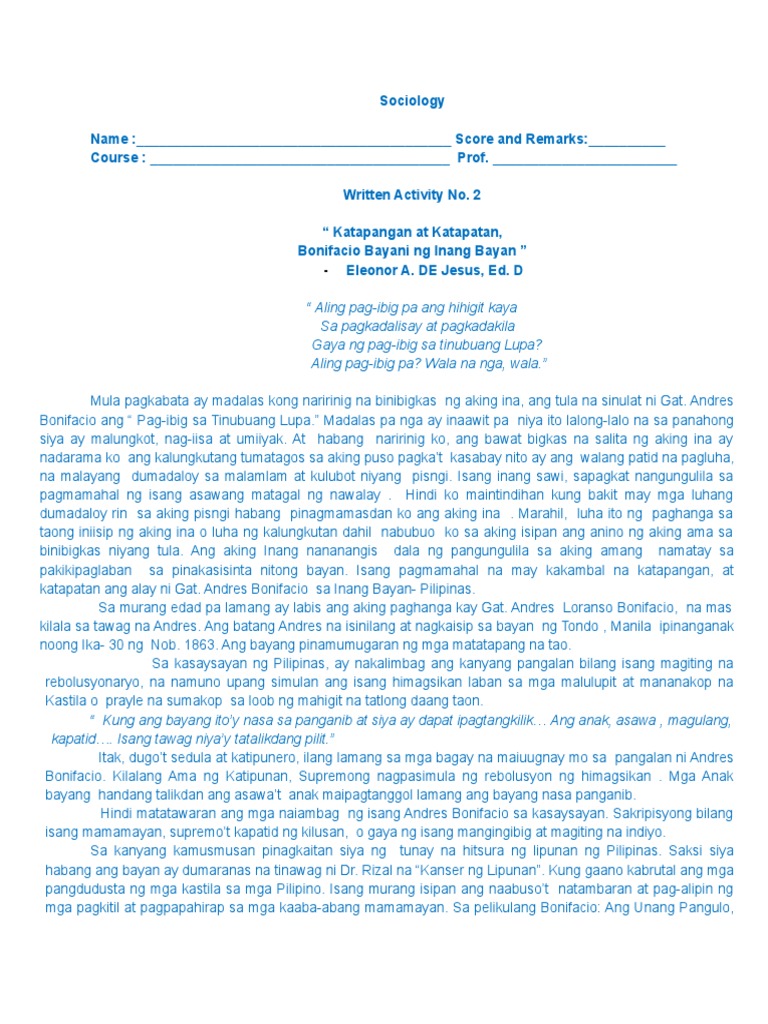 Katapatan, Katapangan - Bonifacio, Bayani NG Inang Byan | PDF