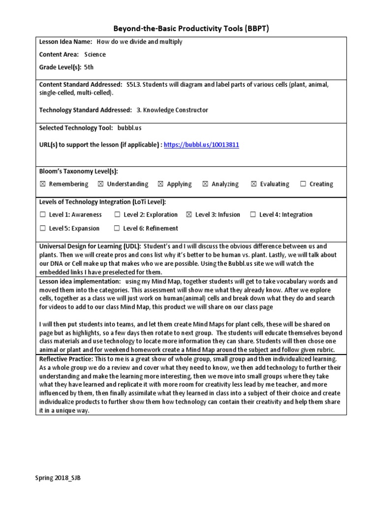 04 Beyond The Basic Prductivity Tools Lesson Idea Template 1 Lee Cells BBPT | PDF | Reflective ...