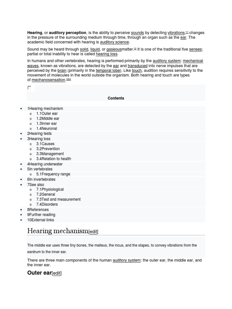 Hearing Mechanism Hearing Or Auditory Perception Is The Ability To