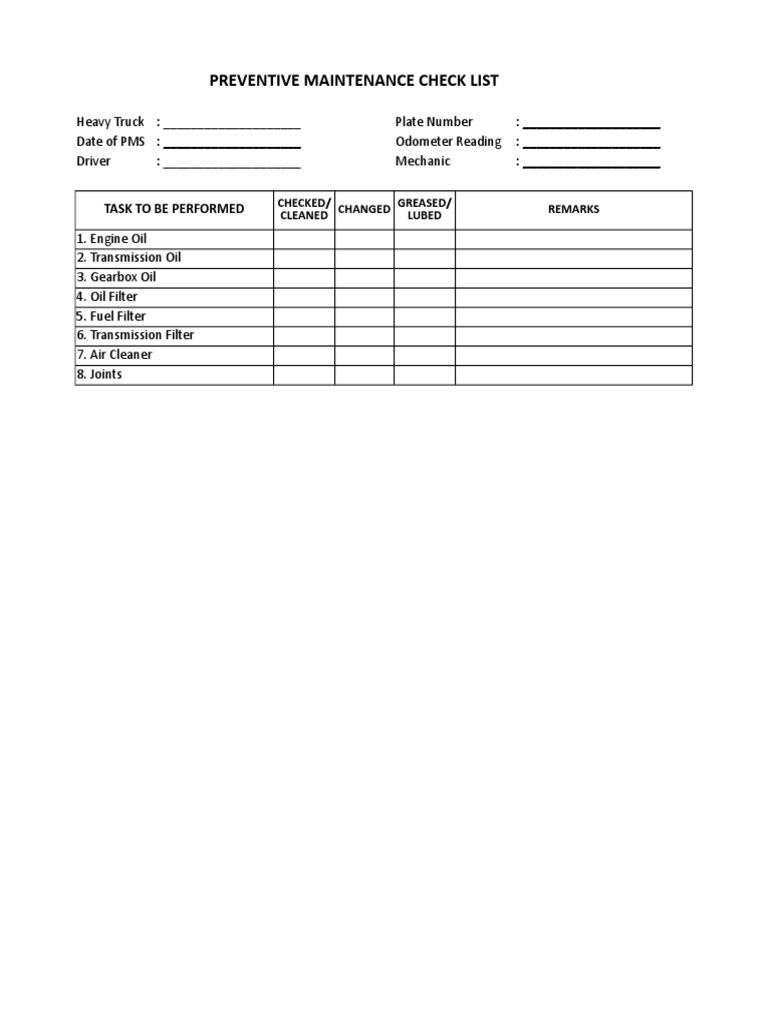 PMS Check List - Heavy Trucks | PDF