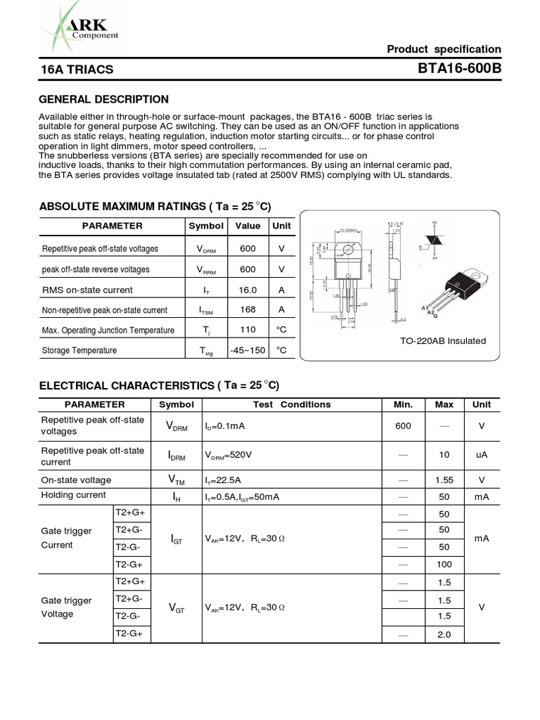 Data Sheet Triac Bta 16a 600-b | PDF | Electrical Engineering | Components