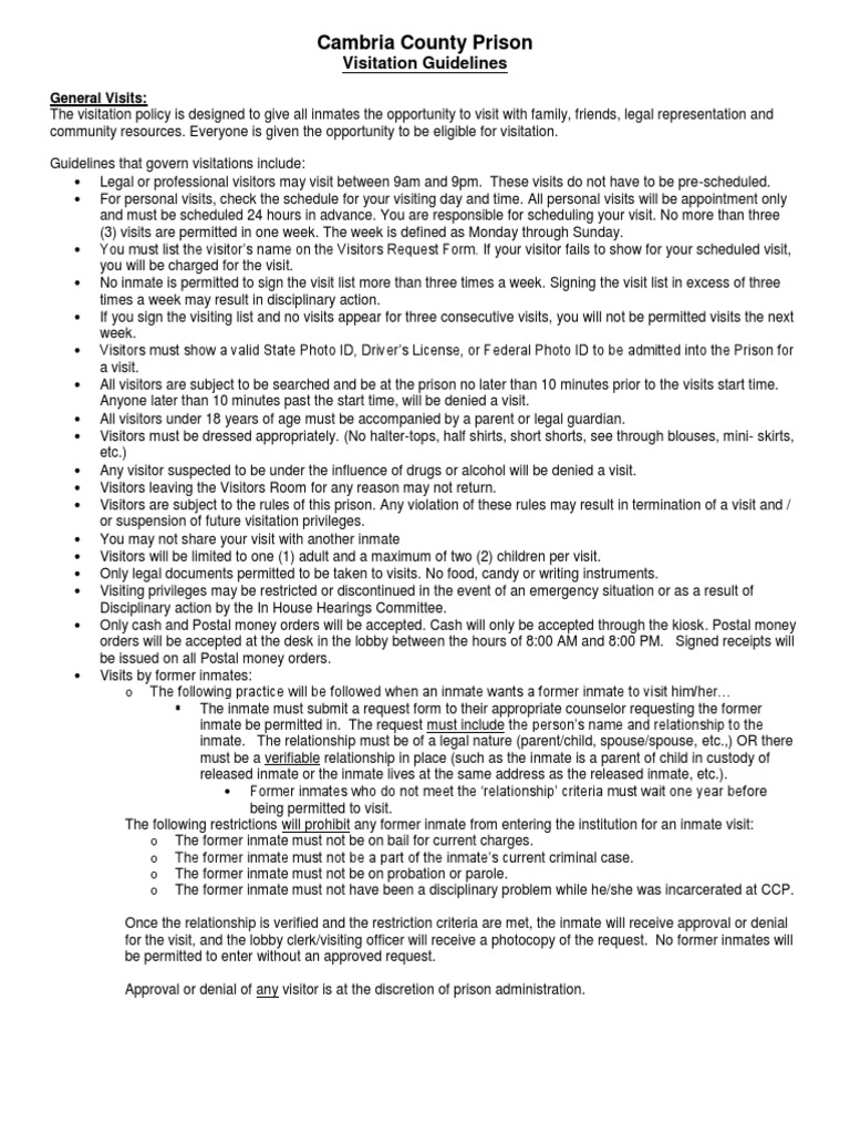 Cambria County Prison: Visitation Guidelines | Download Free PDF | Money Order | Prison