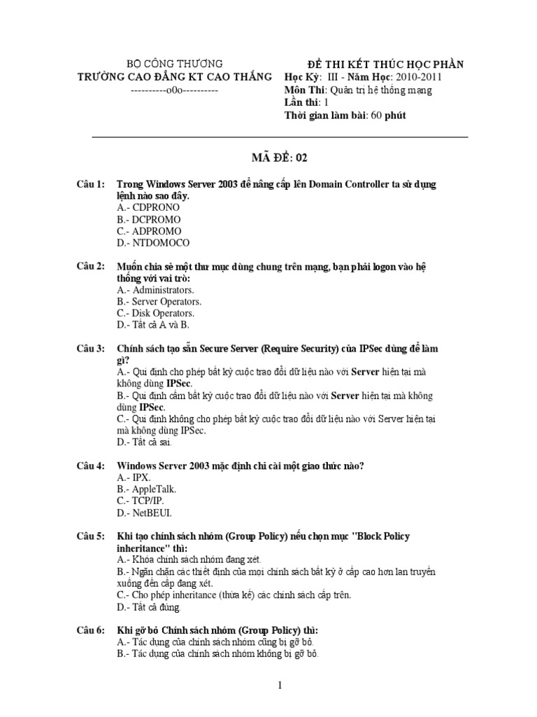 De Thi Va Dap An Quan Tri He Thong Mang Cao Dang Nghe QTM de 2 | PDF