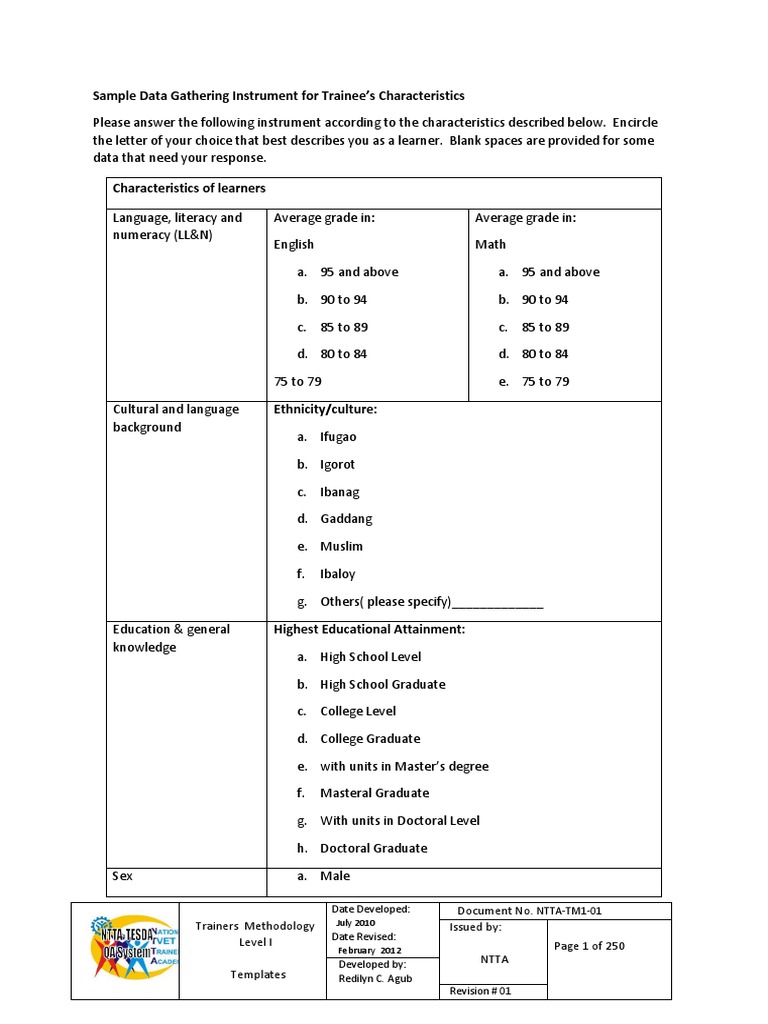 Sample of Data Gathering in TM | PDF | Learning Styles | Teaching