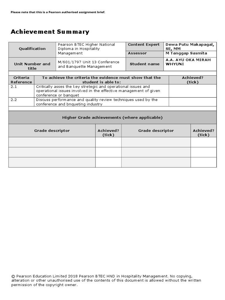 Achievement Summary: Please Note That This Is A Pearson Authorised ...