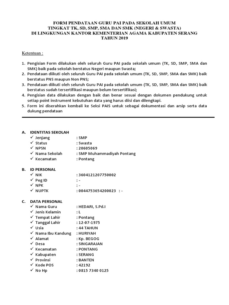 Format Pendataan Guru PAI | PDF