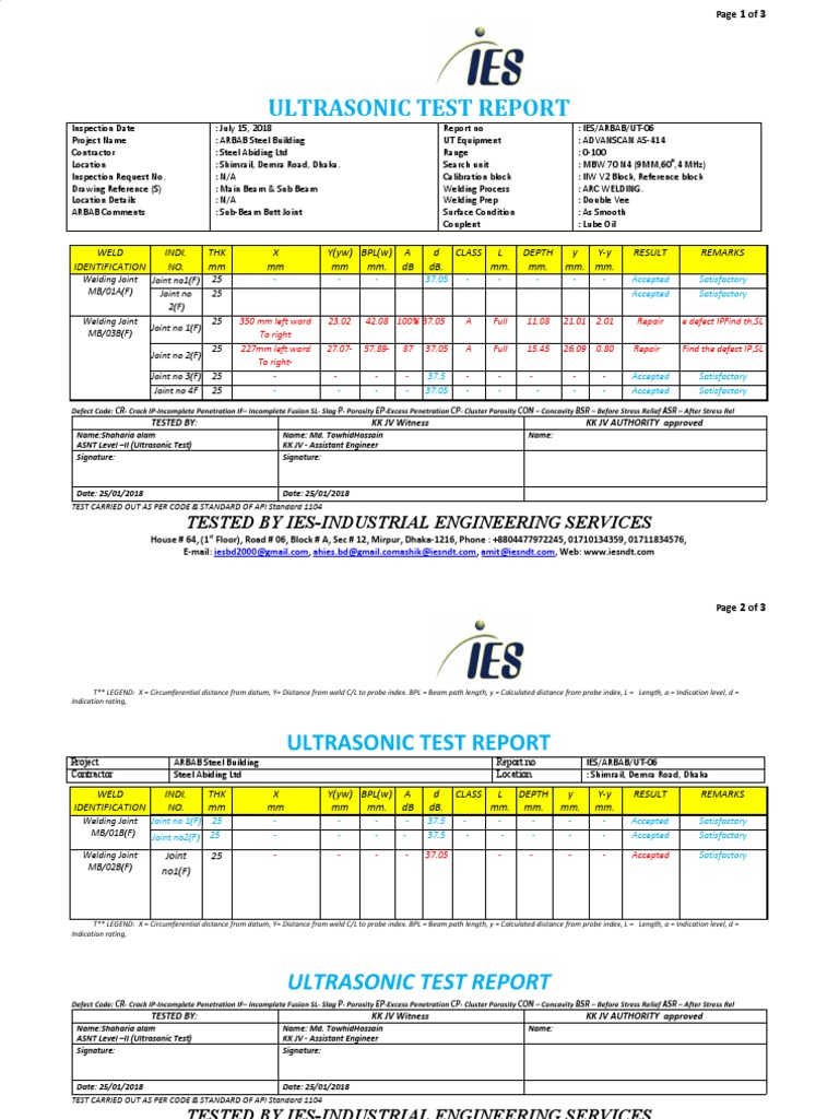 Ultrasonic Test Report: Tested by Ies-Industrial Engineering Services ...