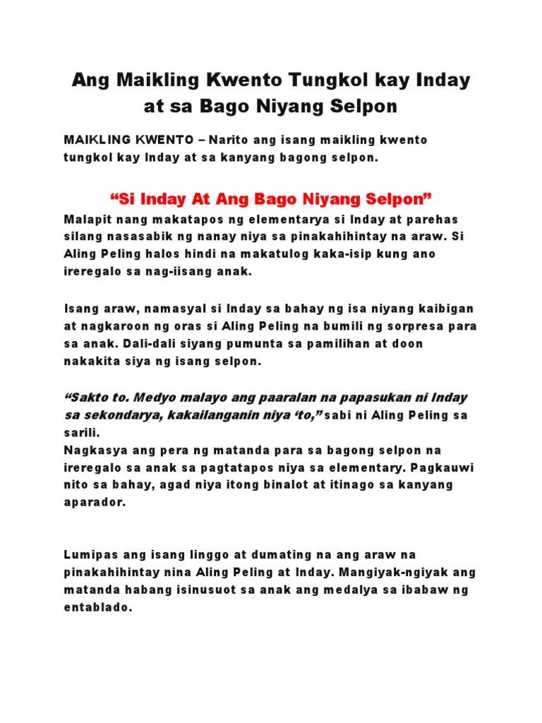 Ang Maikling Kwento Tungkol Kay Inday at Sa Bago Niyang Selpon | PDF