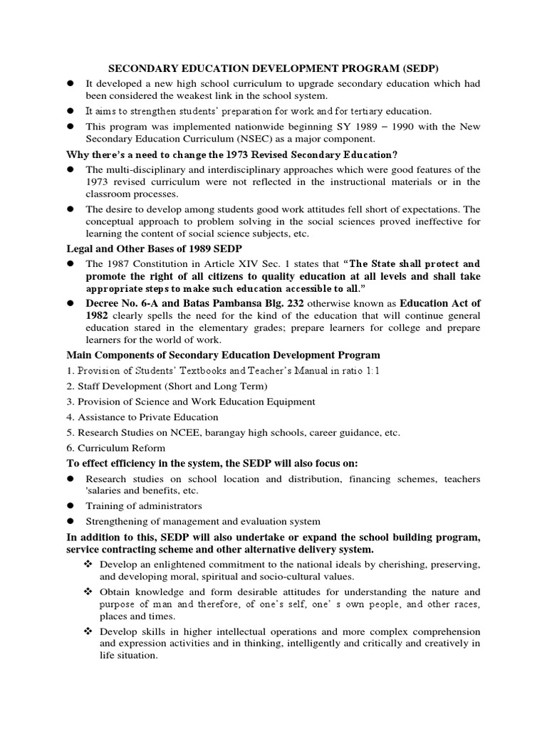 Secondary Education Development Program Final | PDF | Curriculum ...