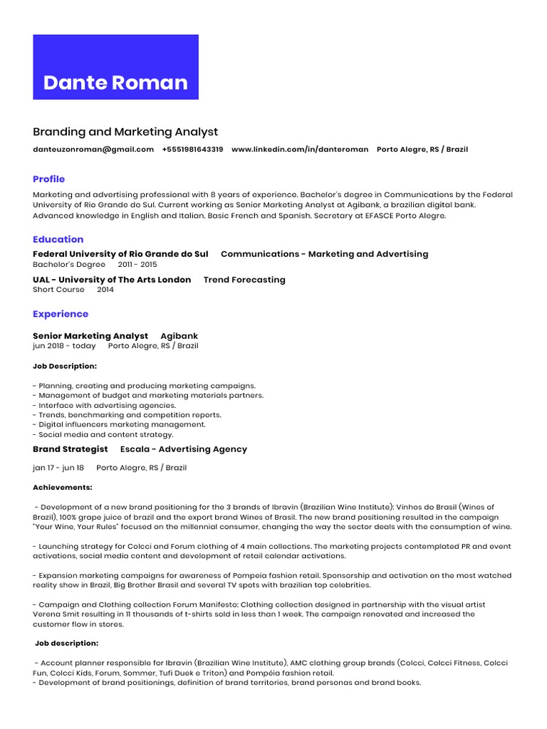 ROMAN Dante CV PDF | PDF | Brand | Brazil