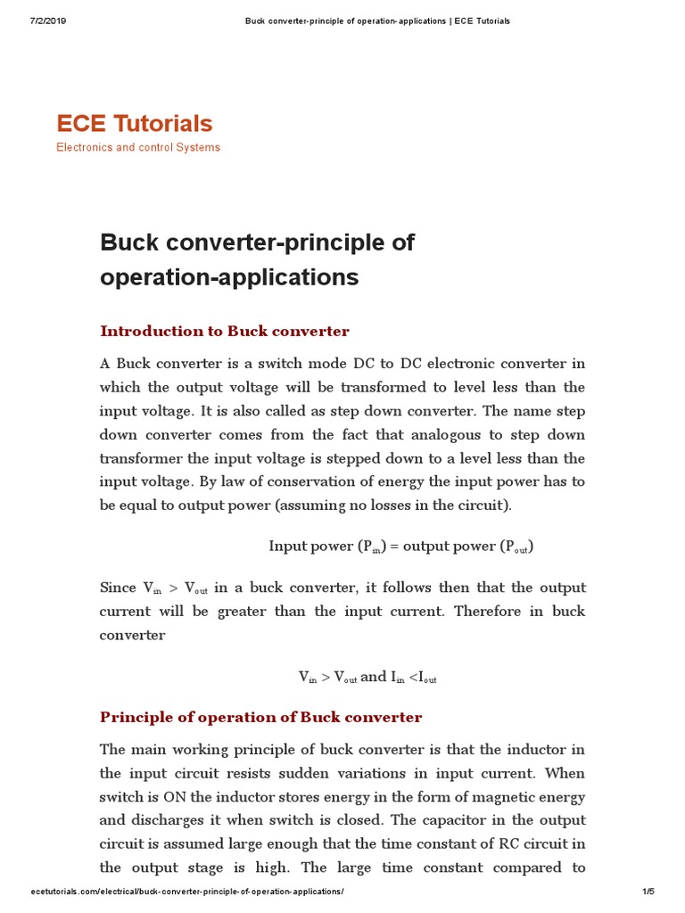 Buck Converter-Principle of Operation-Applications - ECE Tutorials ...