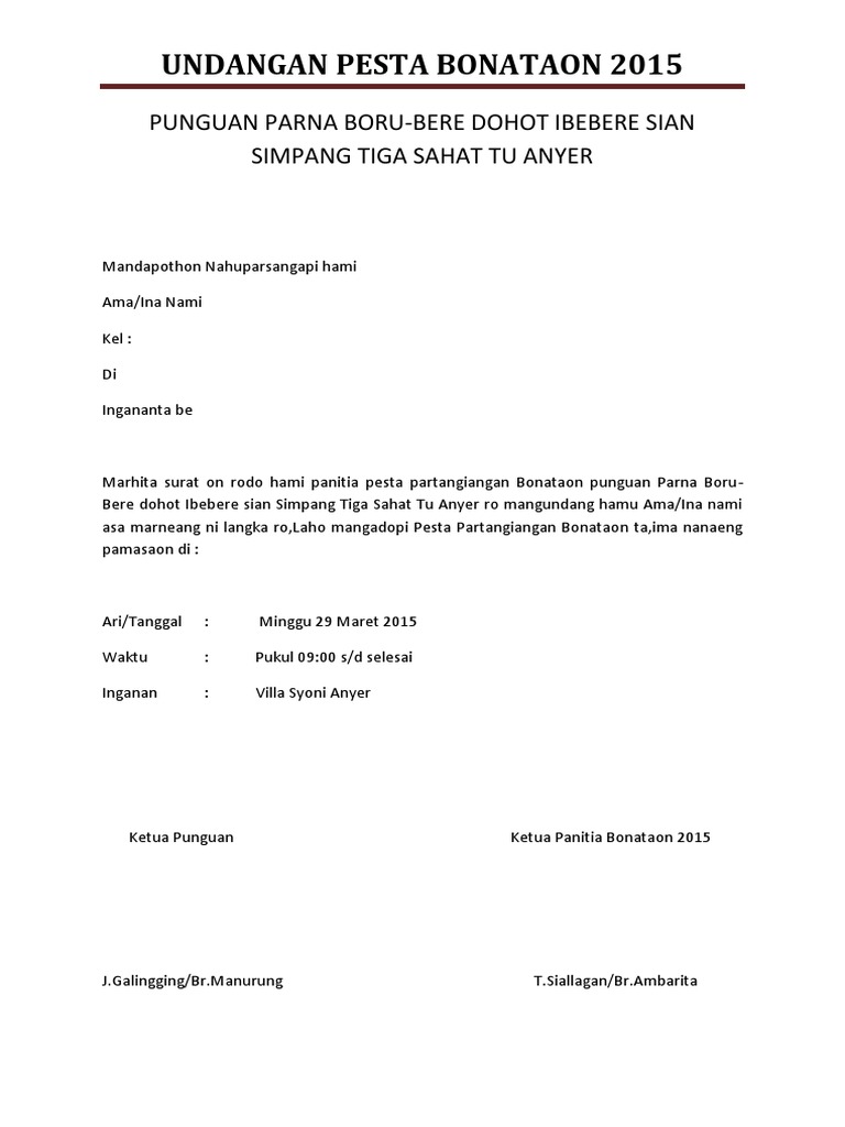 Undangan Pesta Bonataon 2015 | PDF