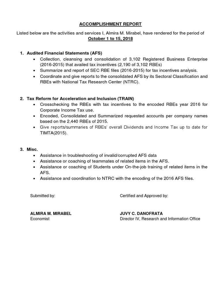 Accomplishment Report: Submitted By: Certified and Approved by | PDF ...