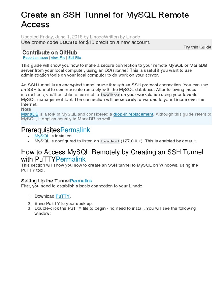 Create An Ssh Tunnel For Mysql Remote Access Pdf Secure Shell Network Protocols 