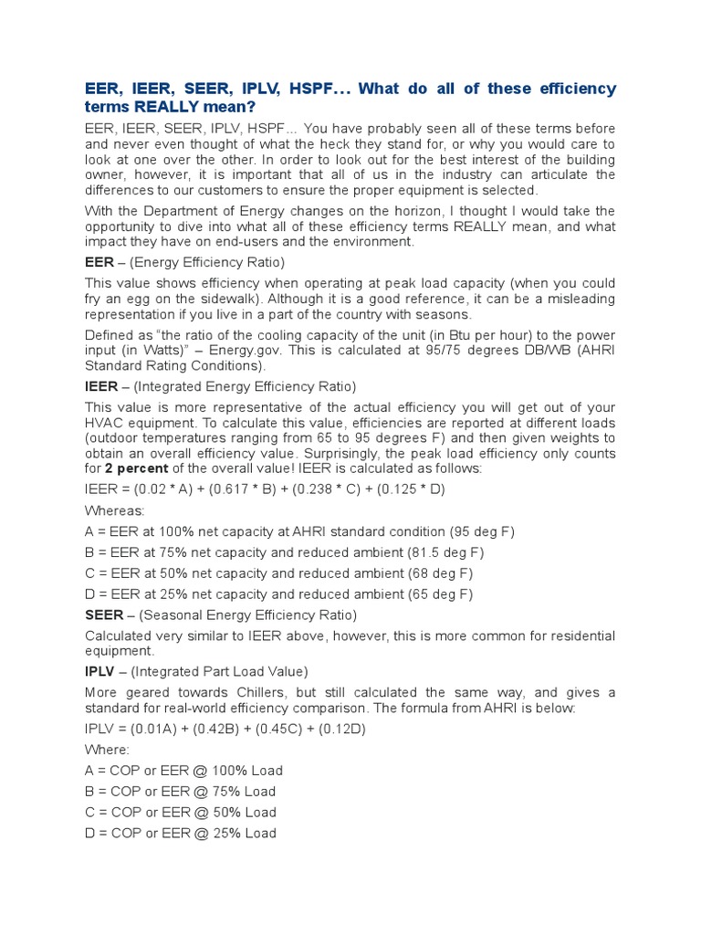 COP EER IEER SEER IPLV EXPLAINED - Odt | PDF | Home Appliance ...